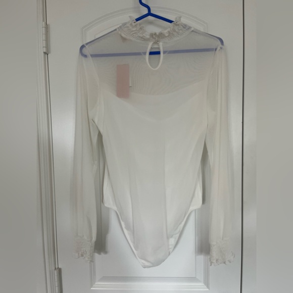 Tops | Nwt White Sheer Bodysuit Long Sleeves Mock Neck | Poshmark